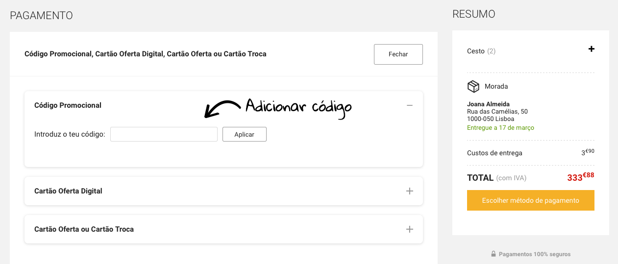 Utilizar código promocional ou código de desconto – Ajuda FNAC